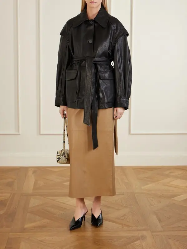 Nour Hammour Perrin Belted Full-grain Leather Jacket