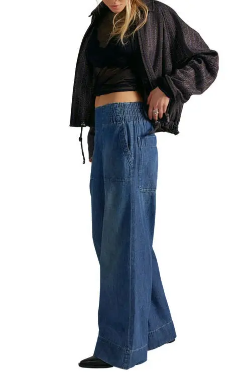 Free People Breezy Pull-on Wide-leg Jeans - Cobalt