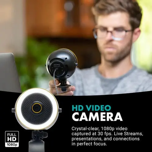 MOVO Webmic Hd Pro All-in-one Webcam With Mic And Ring Light In Silver