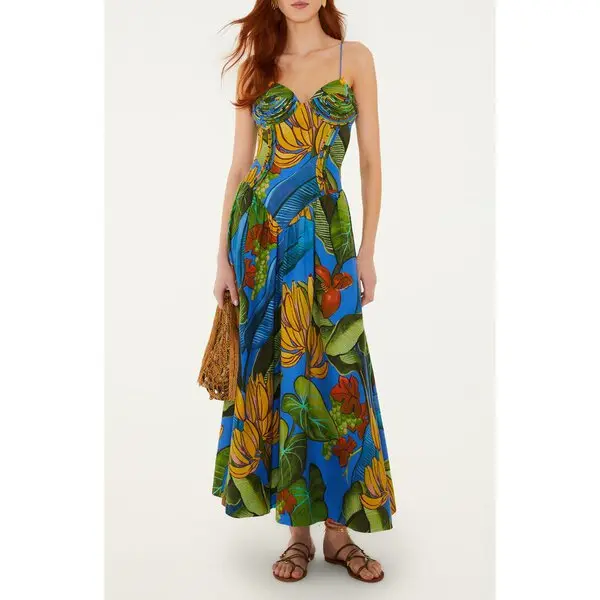 Farm Rio Fruit Print Sweetheart Neckline Maxi Dress - Blue