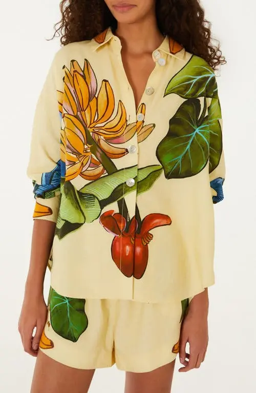 Farm Rio Botanical Fruit Print Linen Blend Button-up Shirt - Yellow