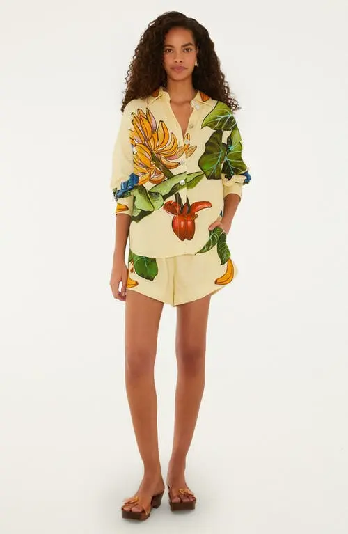 Farm Rio Botanical Fruit Print Linen Blend Button-up Shirt - Yellow