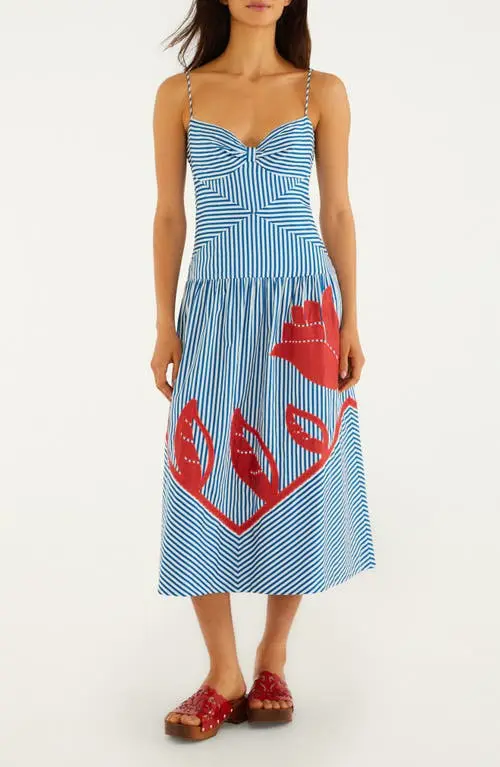 Farm Rio Sky Stripes Floral Embroidered Midi Dress