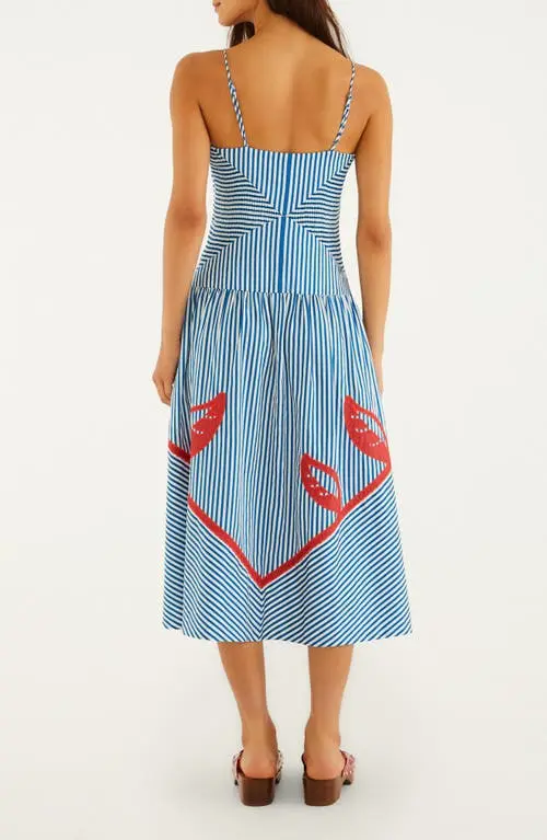 Farm Rio Sky Stripes Floral Embroidered Midi Dress