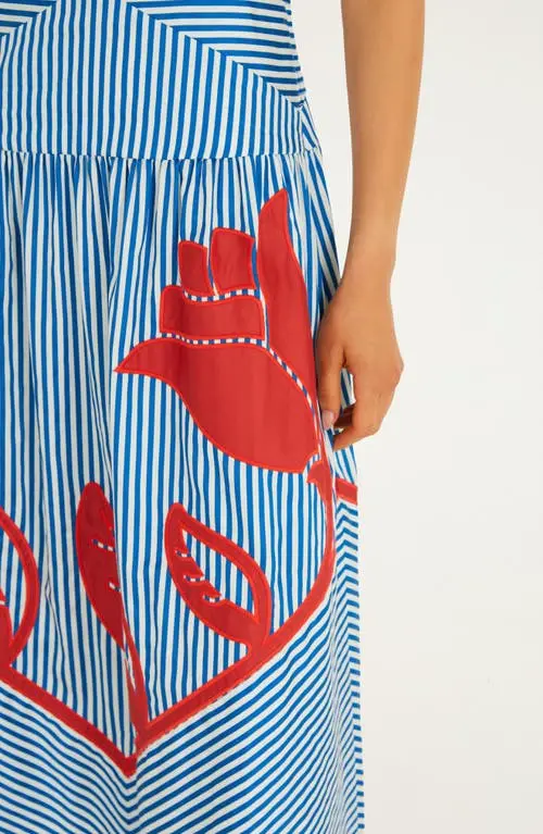 Farm Rio Sky Stripes Floral Embroidered Midi Dress