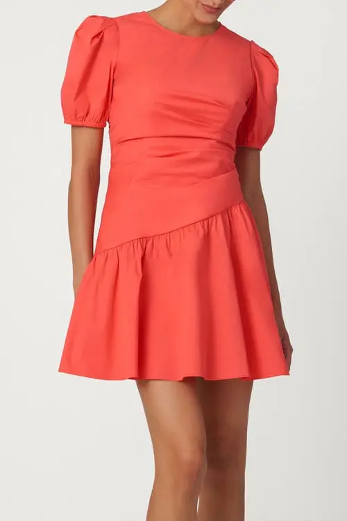 Shoshanna Cotton Poplin Milton Dress With Balloon Sleeves And Drop Waist - Tangerine