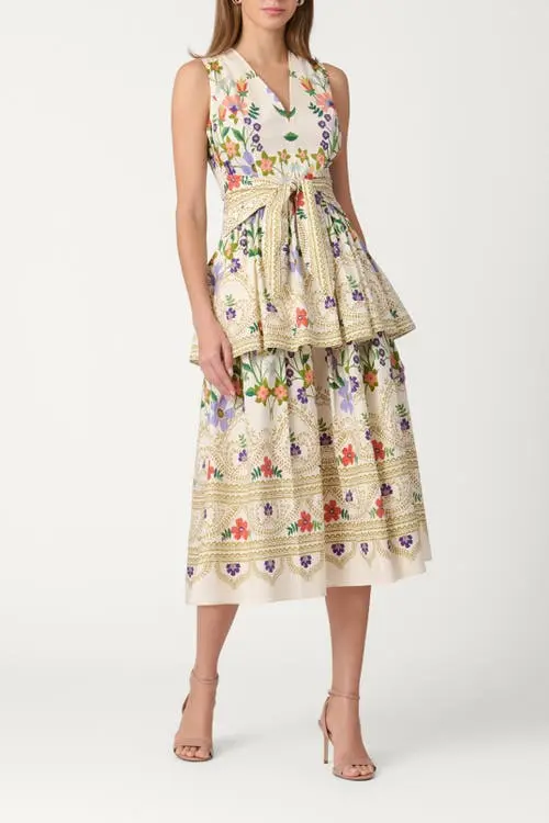 Shoshanna Floral Tiered Midi Dress - Lilac/tangerine/sand