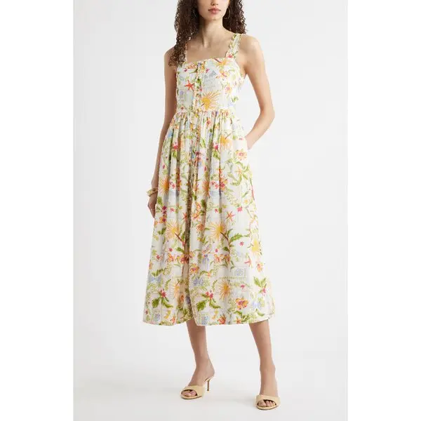 Chelsea28 Embroidered Print Sleeveless Midi Dress - Ivory- Red Vida Solpatch