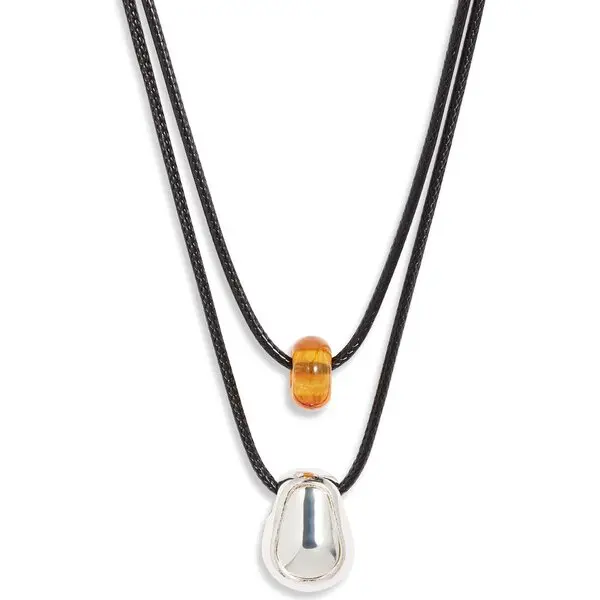 OPEN EDIT Layered Pendant Necklace With Braided Cord - Amber- Black- Silver