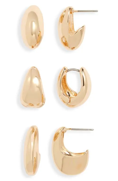 OPEN EDIT Set Of 3 Puffy Huggie Hoop Earrings - Gold