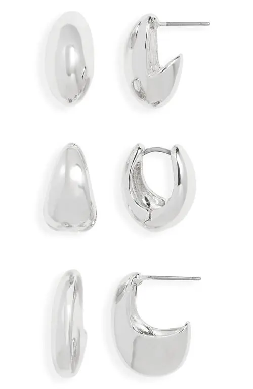 OPEN EDIT Set Of 3 Puffy Huggie Hoop Earrings - Silver