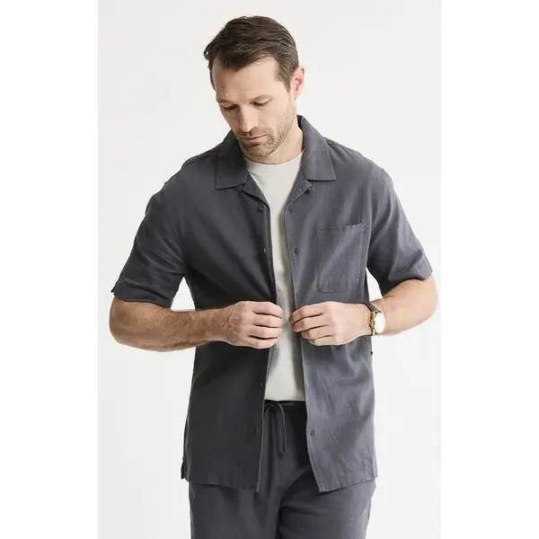 JACHS Linen Blend Short Sleeve Camp Shirt - Asphalt