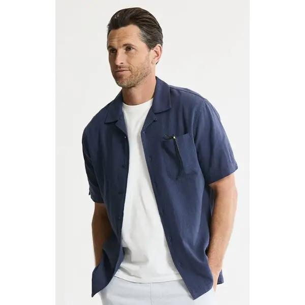 JACHS Linen Blend Short Sleeve Camp Shirt - Indigo