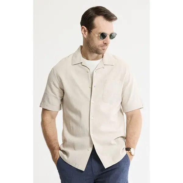 JACHS Linen Blend Short Sleeve Camp Shirt - Stone