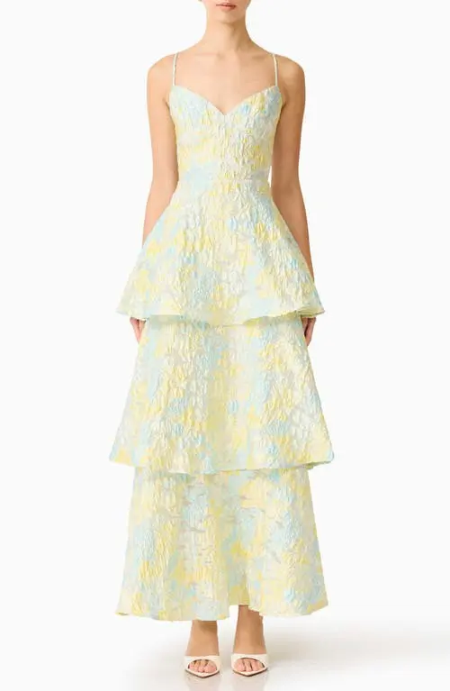 ELLIATT Penelope Tiered Sleeveless Jacquard Gown - Yellow Blue