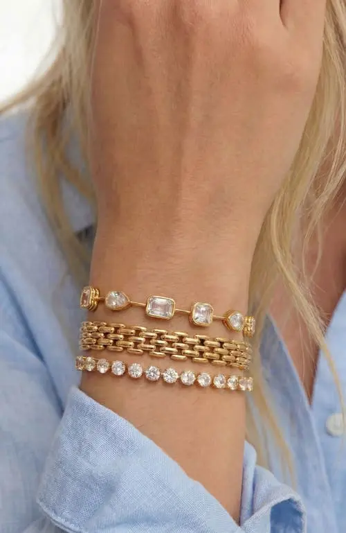 Stella & Dot Naomie Bezel Set Tennis Bracelet In 12k -plated Brass With Mixed Cut Stones