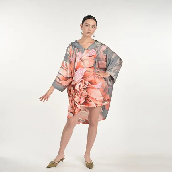 SILK&SOUL Hooded Tunic With Floral Print - Orange