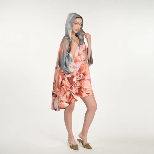 SILK&SOUL Hooded Tunic With Floral Print - Orange