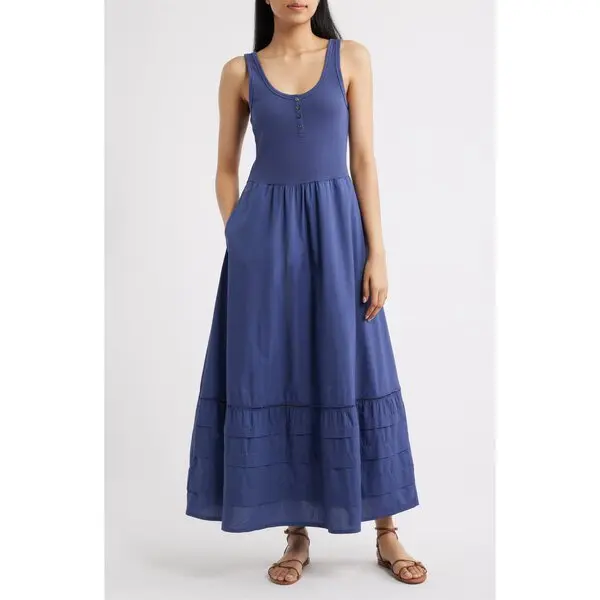 Marine Layer Lexi Rib & Poplin Sleeveless Midi Dress - Navy