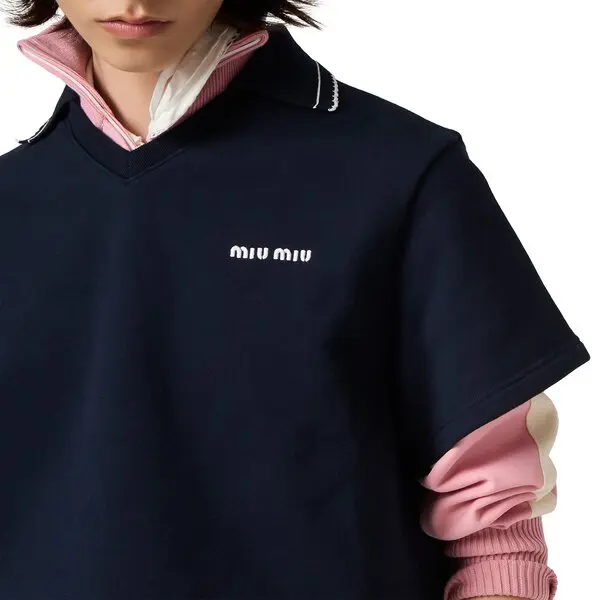 Miu Miu Cropped Cotton Fleece Sweatshirt With Embroidered Logo - Navy
