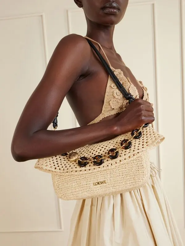 Loewe Ola Medium Embellished Raffia Shoulder Bag - Neutrals