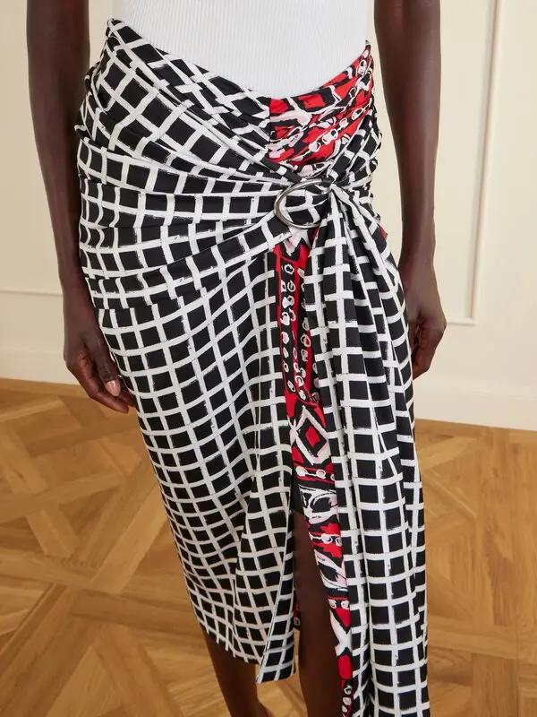 LANVIN Asymmetric Belted Printed Silk Midi Skirt