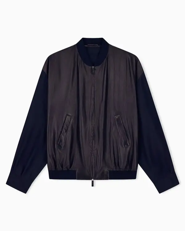 Giorgio Armani Oversized Fit Leather Blouson Jacket With Silk Lining - Blue