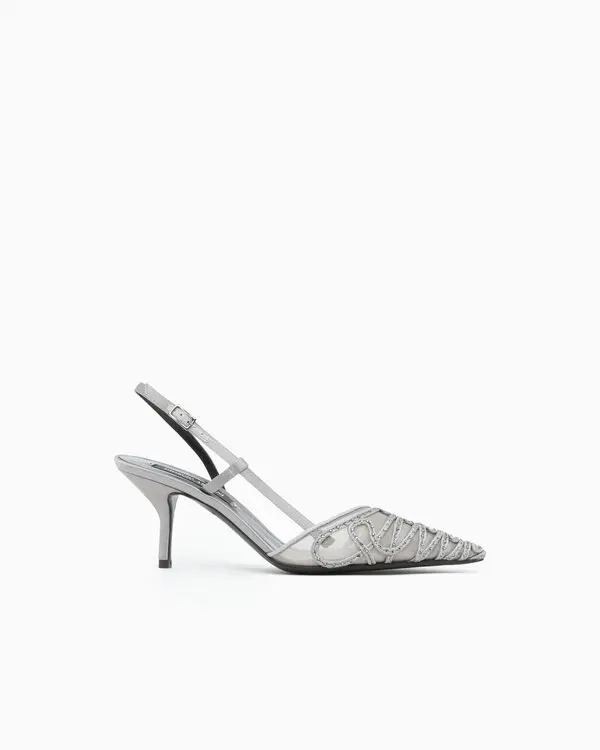 Giorgio Armani Leather And Mesh Slingback Pumps With Rhinestone Embroidery
