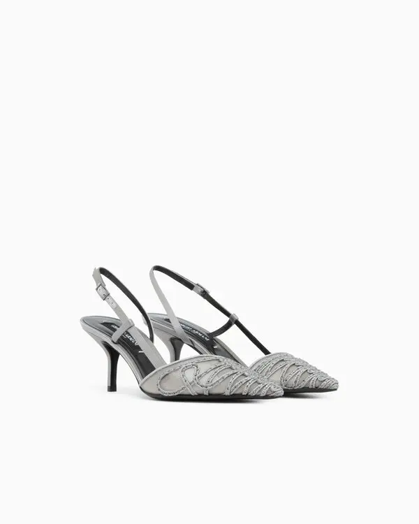 Giorgio Armani Leather And Mesh Slingback Pumps With Rhinestone Embroidery