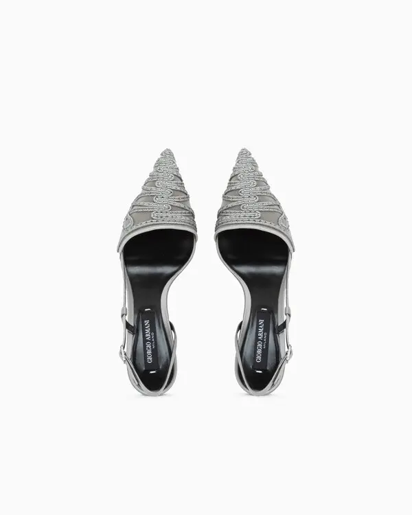 Giorgio Armani Leather And Mesh Slingback Pumps With Rhinestone Embroidery