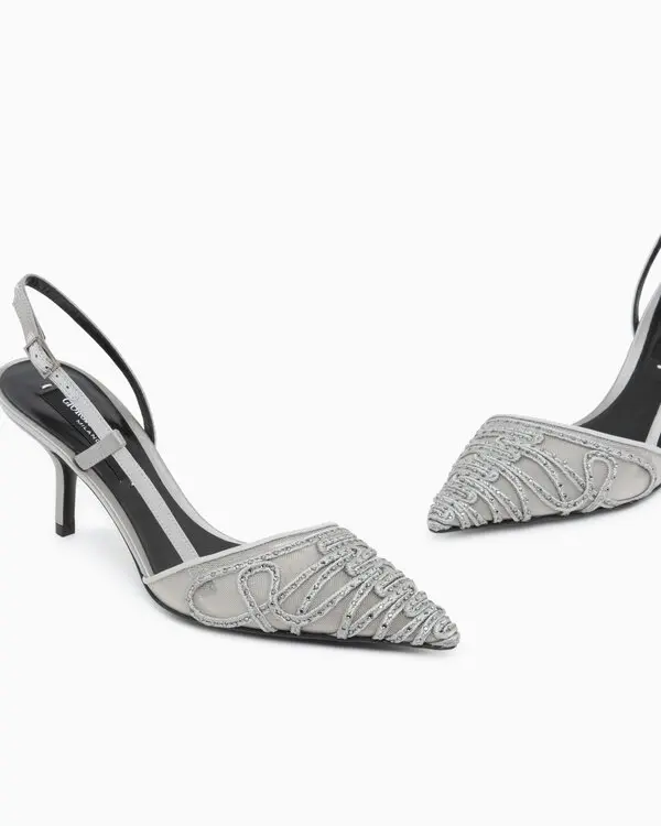Giorgio Armani Leather And Mesh Slingback Pumps With Rhinestone Embroidery