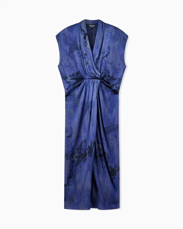 Giorgio Armani Draped Silk Dress With Deep Neckline And Batik Flower Print - Blue