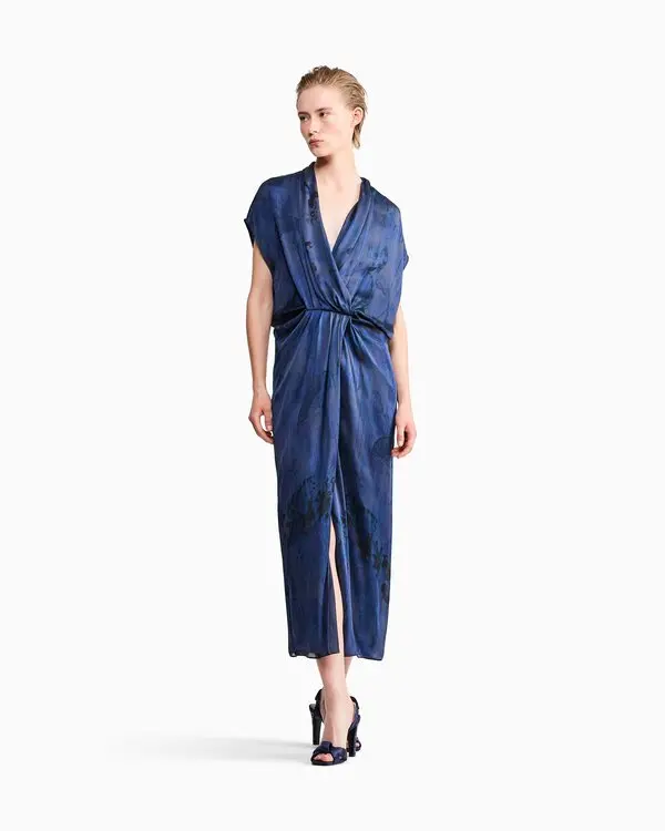 Giorgio Armani Draped Silk Dress With Deep Neckline And Batik Flower Print