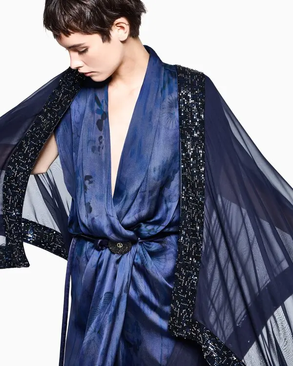 Giorgio Armani Draped Silk Dress With Deep Neckline And Batik Flower Print