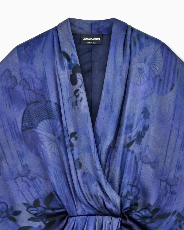 Giorgio Armani Draped Silk Dress With Deep Neckline And Batik Flower Print