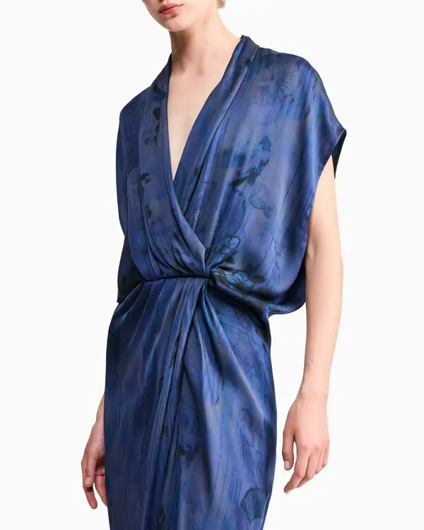 Giorgio Armani Draped Silk Dress With Deep Neckline And Batik Flower Print