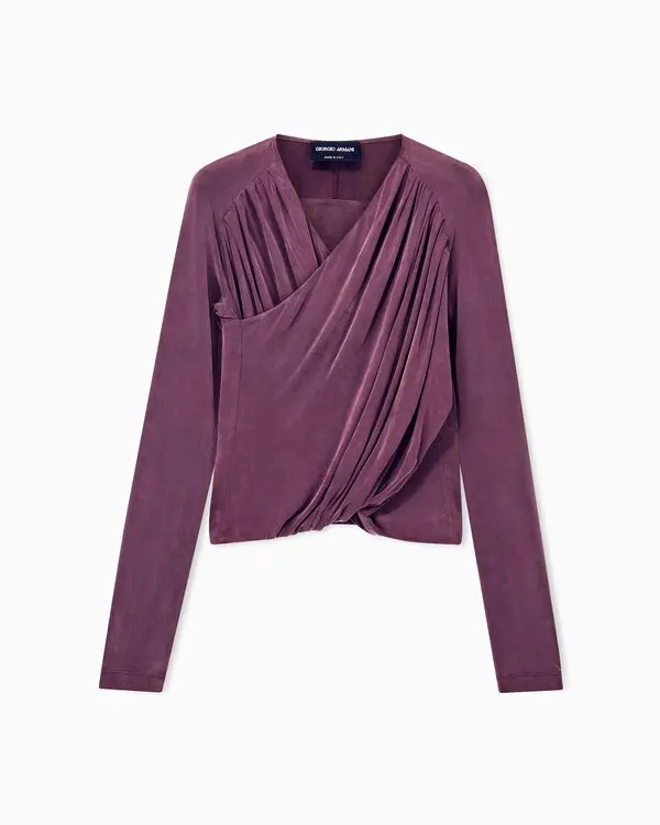 Giorgio Armani Long Sleeve Cupro Jersey Draped Top - Burgundy