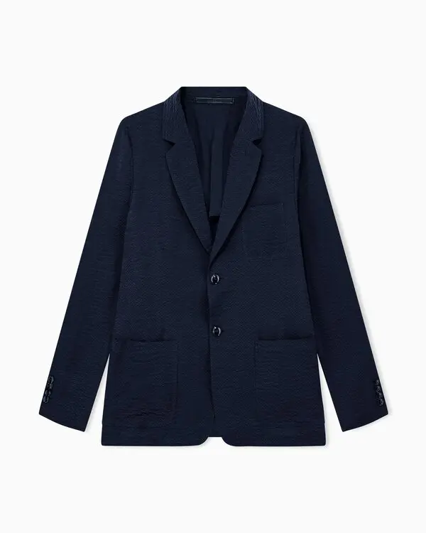 Giorgio Armani Blazer Regular Fit In Micro Jacquard Chevron Cupro - Blue