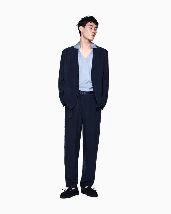 Giorgio Armani Blazer Regular Fit In Micro Jacquard Chevron Cupro - Blue