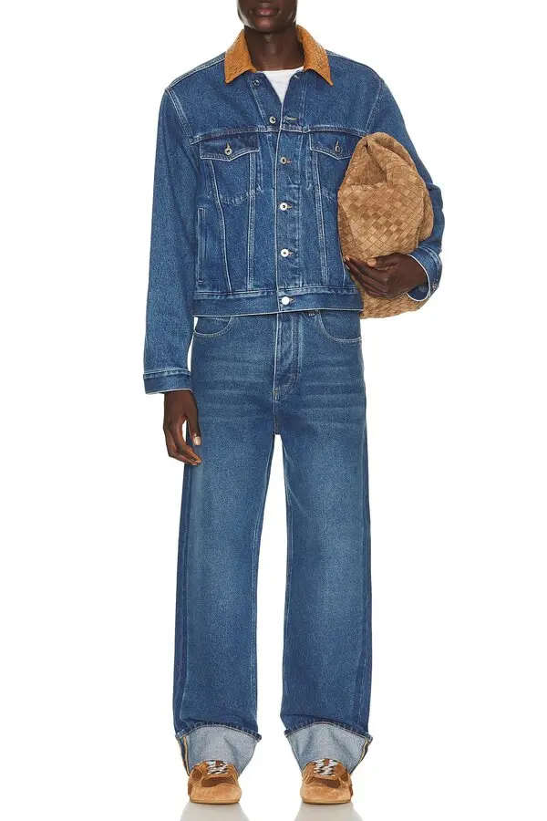 Bottega Veneta Medium Indigo Washed Denim Jacket With Woven Leather Collar