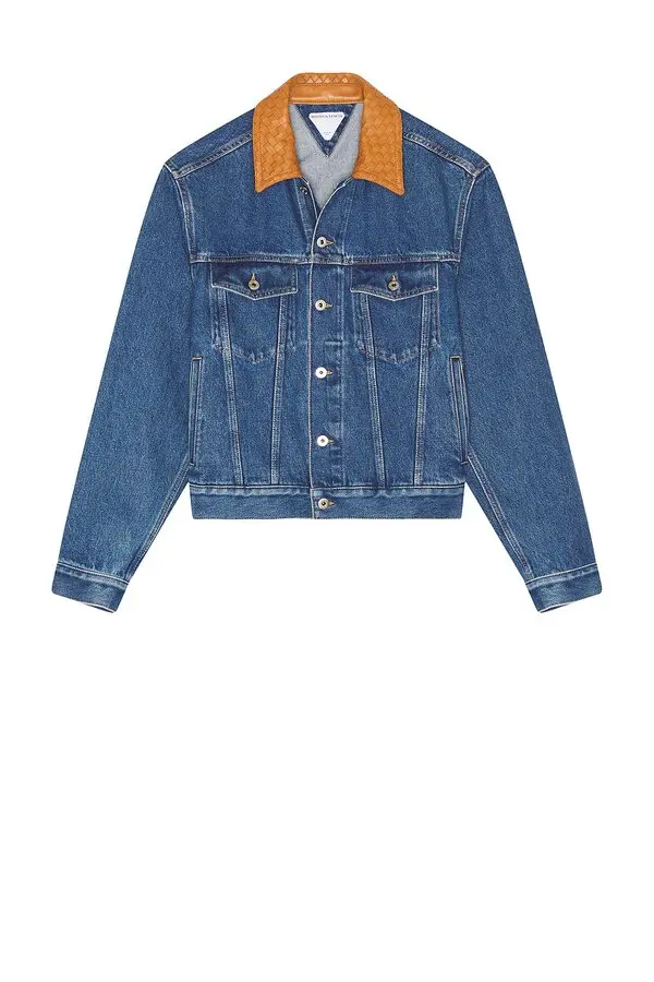 Bottega Veneta Medium Indigo Washed Denim Jacket With Woven Leather Collar