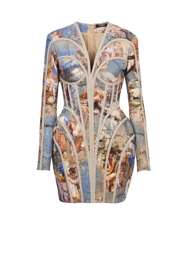Balmain Sky Printed Linen Cage Corset Dress
