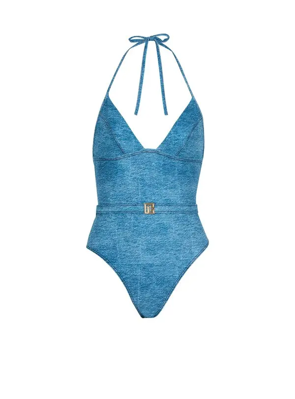 Balmain Denim V-neck One-piece Swimsuit With Logo Detail - Blue