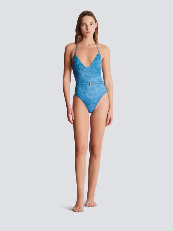 Balmain Denim V-neck One-piece Swimsuit With Logo Detail - Blue