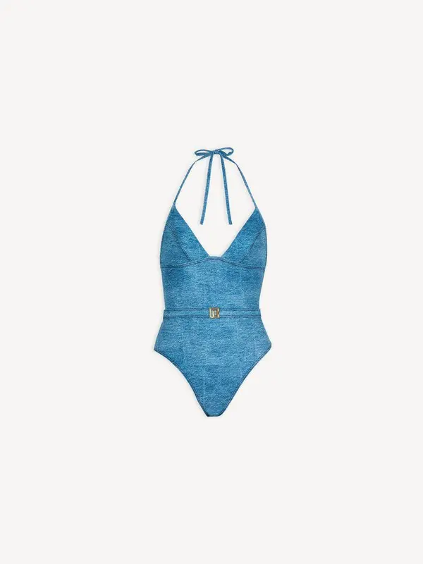 Balmain Denim V-neck One-piece Swimsuit With Logo Detail - Blue