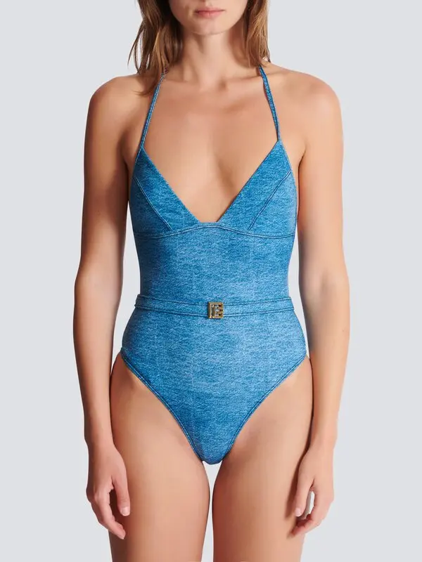 Balmain Denim V-neck One-piece Swimsuit With Logo Detail - Blue