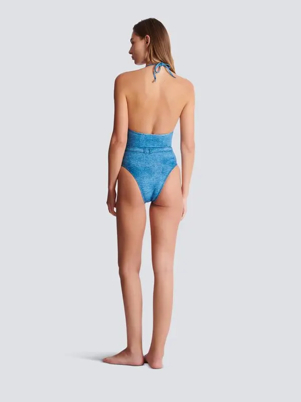 Balmain Denim V-neck One-piece Swimsuit With Logo Detail - Blue