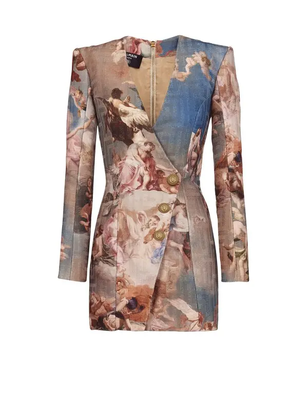 Balmain Sky Printed Monogrammed Jacquard Wrap Dress