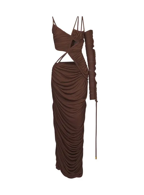 Balmain Asymmetric Draped Jersey Maxi Dress - Brown