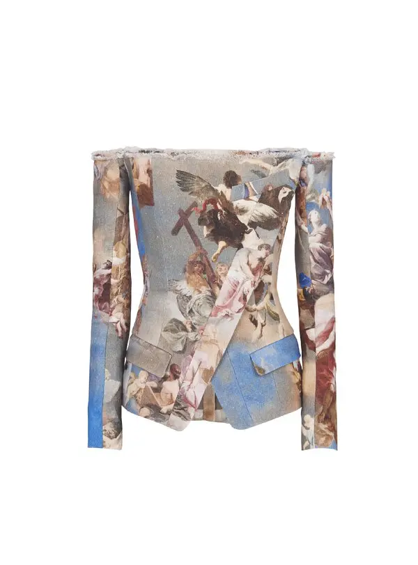 Balmain Off-the-shoulder Printed Linen Jacket